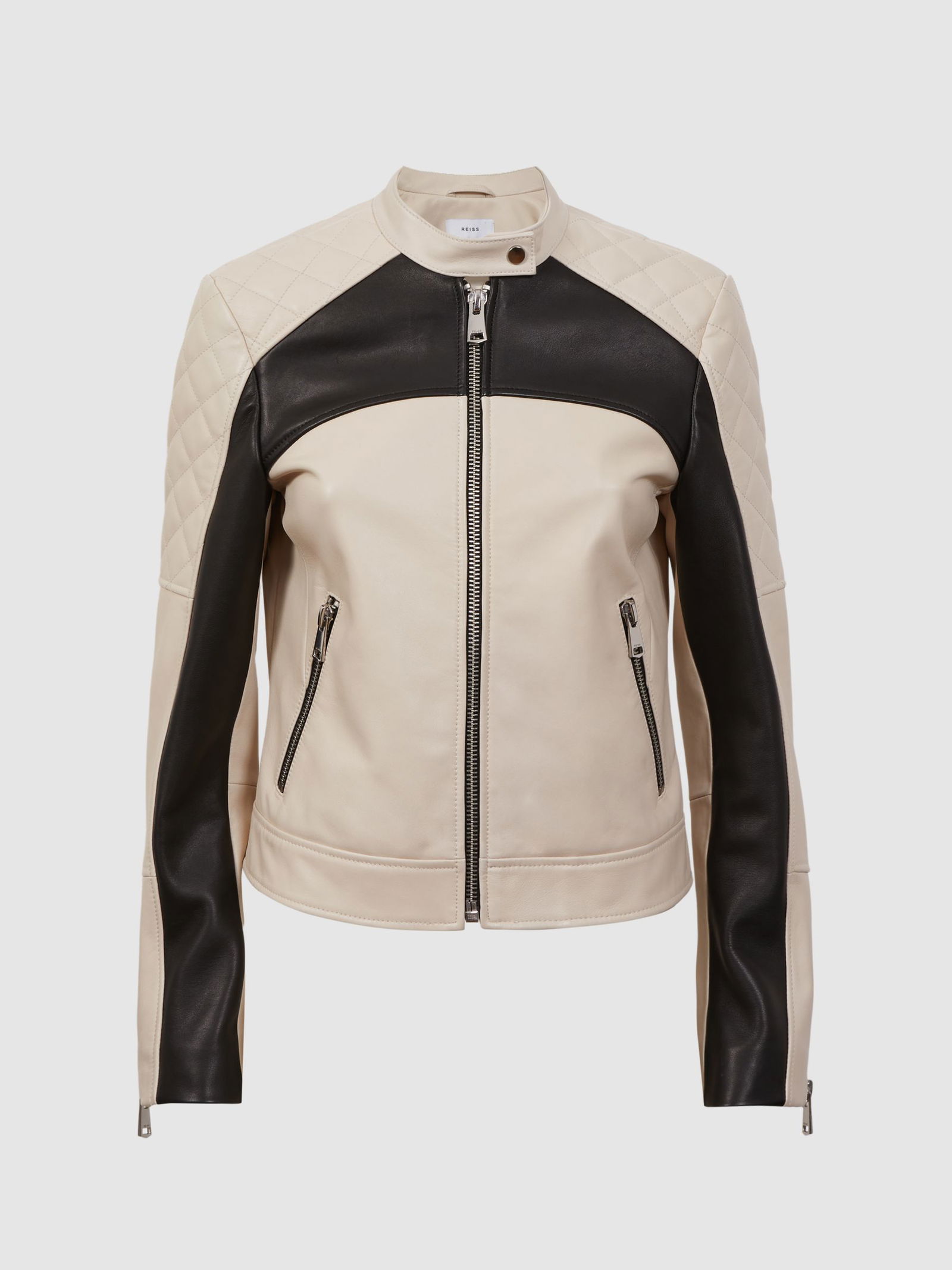 REISS Adelaide Leather Collarless Quilted Jacket in Black/Neutral ...