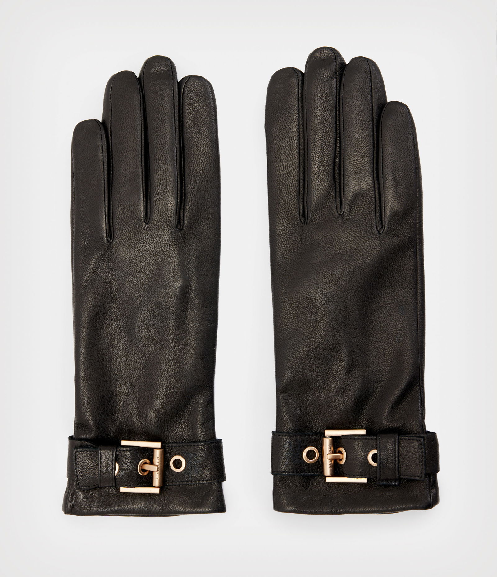 ALLSAINTS Kaz Buckle Leather Gloves in BLACK/WARM BRASS | endource