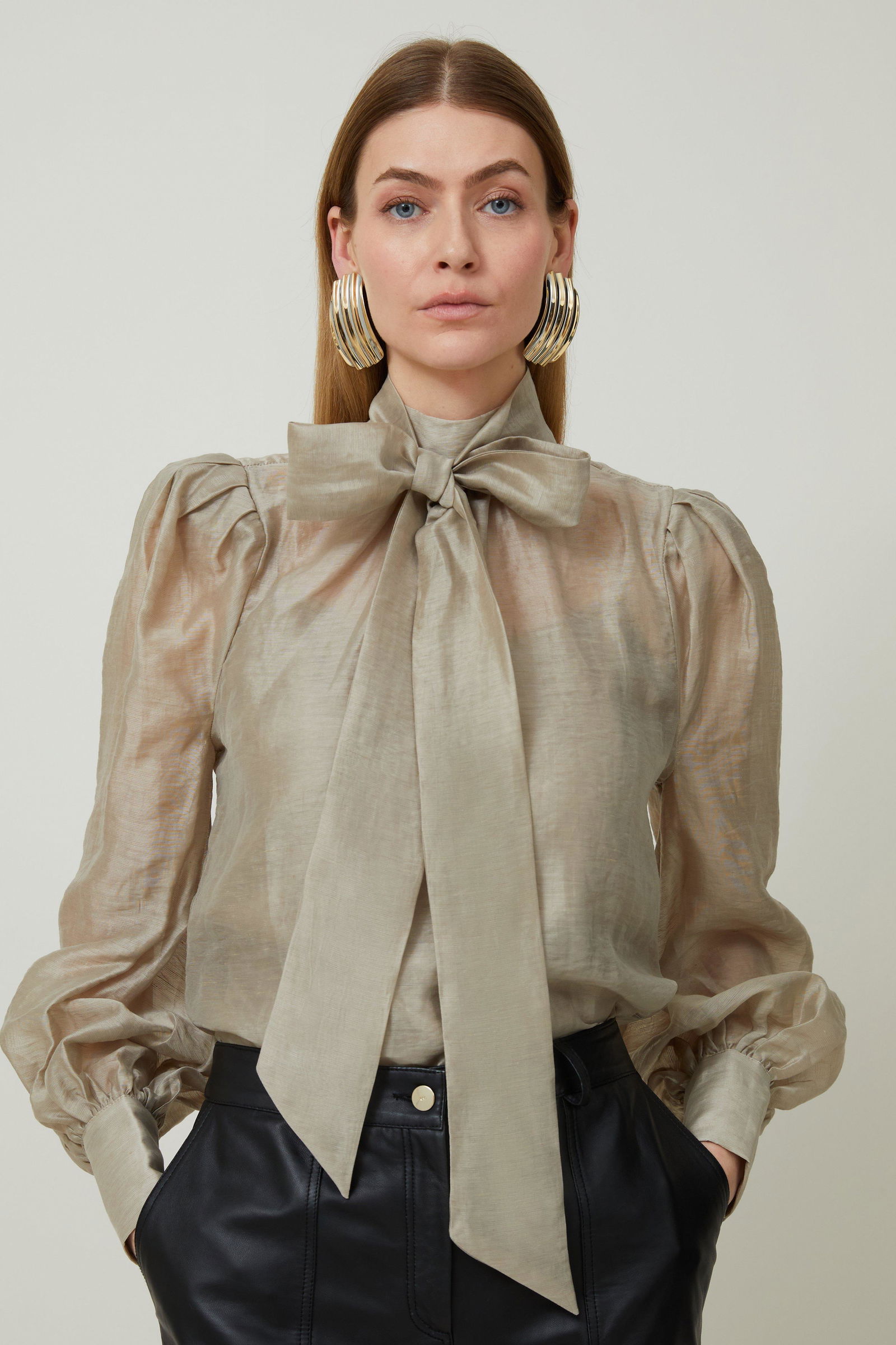 KAREN MILLEN Linen Blend Organdie Woven Pussybow Blouse in Ivory | endource