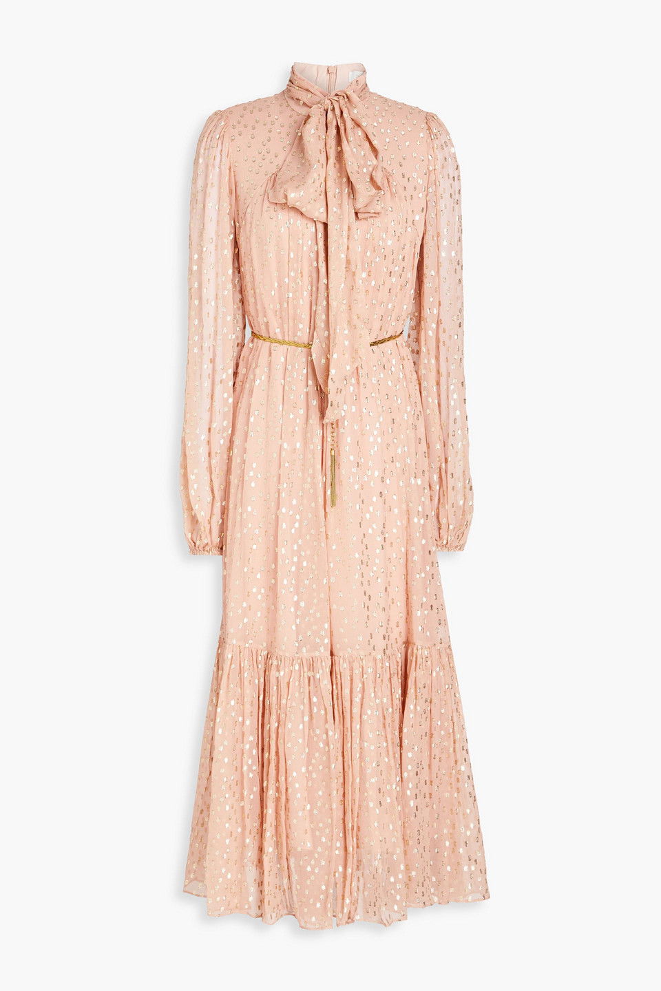 Zimmermann Billow Pussy Bow Metallic Fil Coupé Crepon Midi Dress In