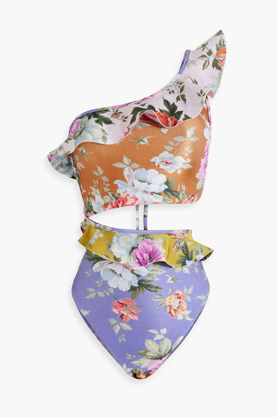 Zimmermann One Shoulder Ruffled Floral Print Swimsuit In Purple Endource
