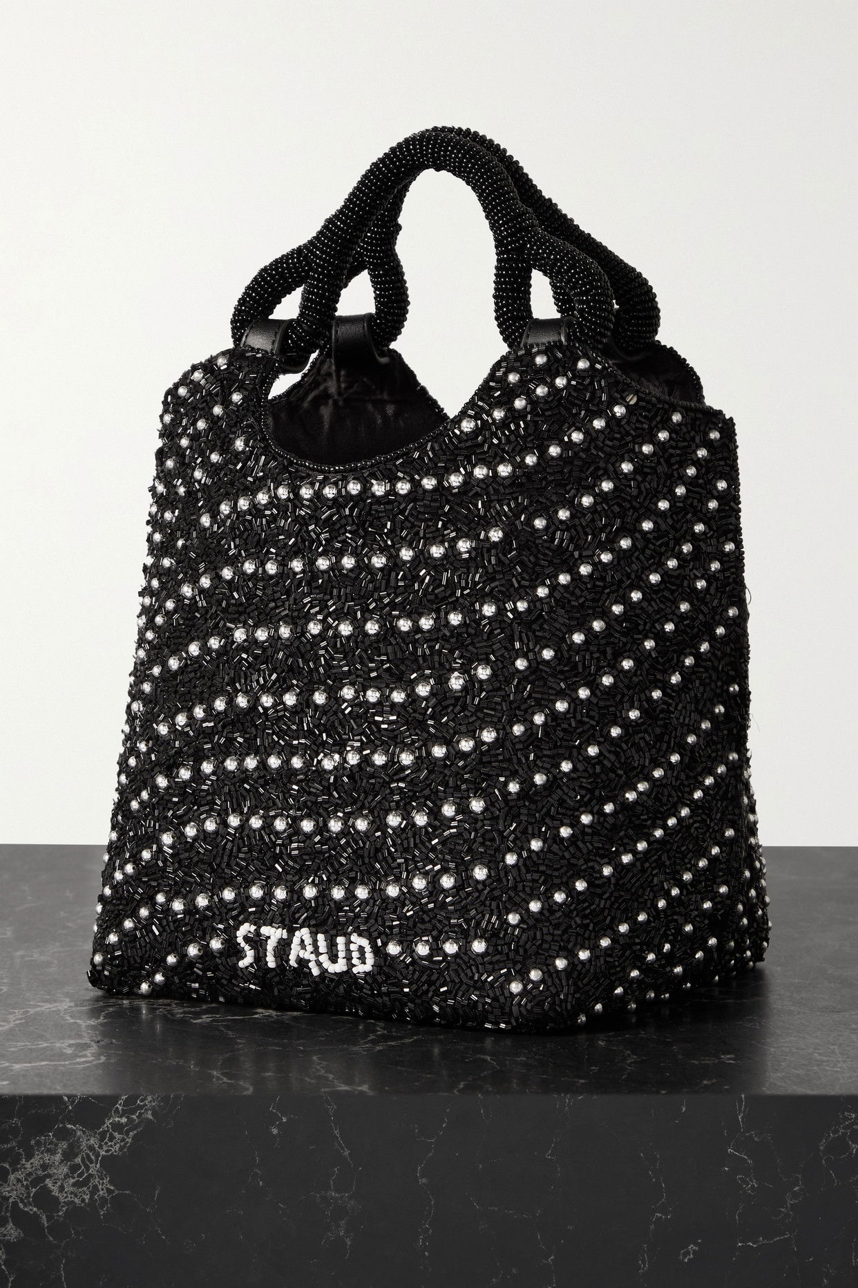 STAUD Cote Faux Leather-Trimmed Beaded Satin Tote in Black | endource