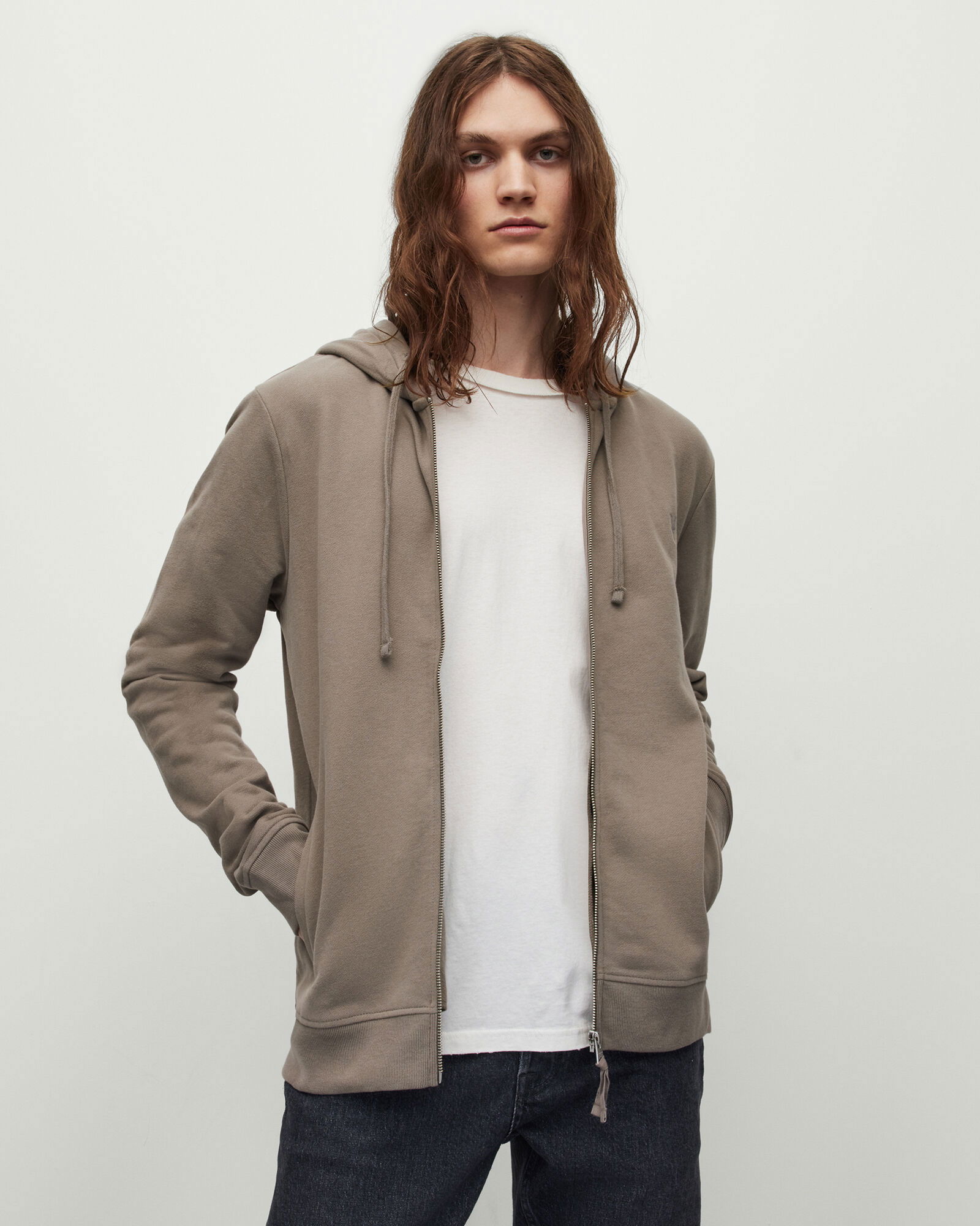 Allsaints Raven Zip Hoodie In Bay Leaf Taupe Endource