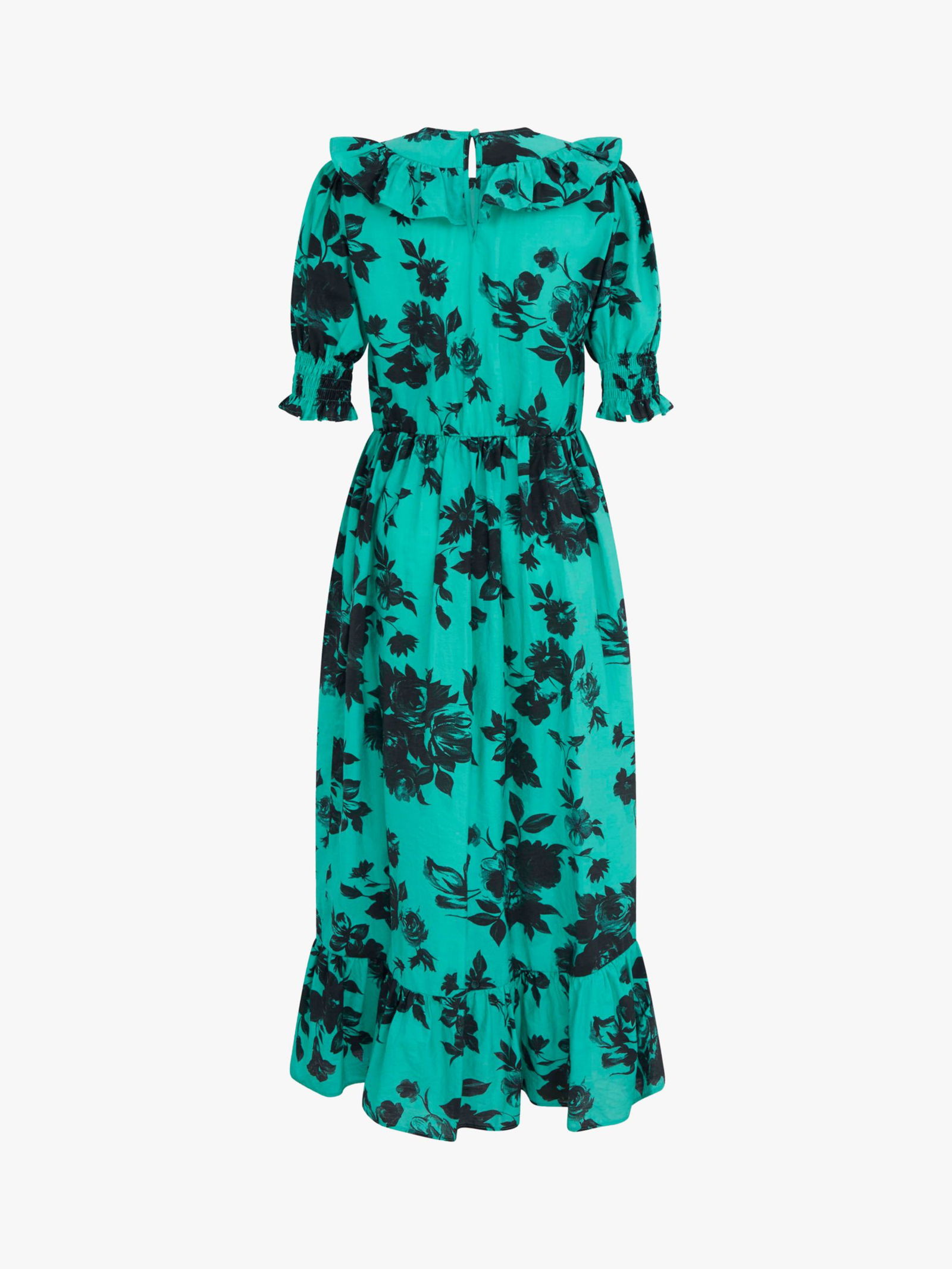 GHOST Ella Floral Print Ruffle Detail Midi Dress in Green | Endource