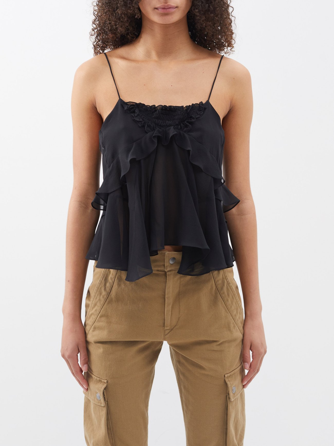 ISABEL MARANT Tamila Ruffled Silk Cami Top in Black | endource