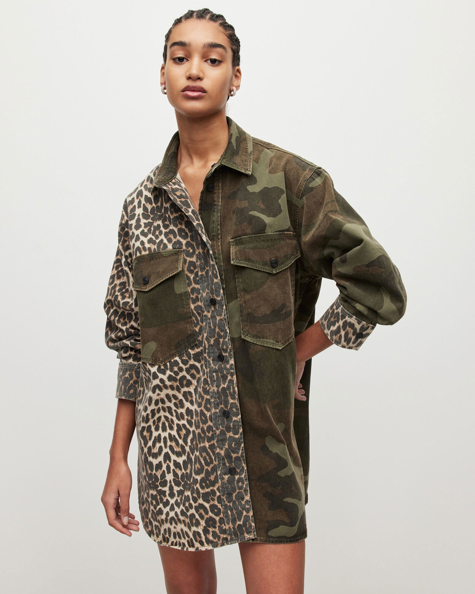 ALLSAINTS Lily Camouflage Shacket Dress in Camo Green | endource