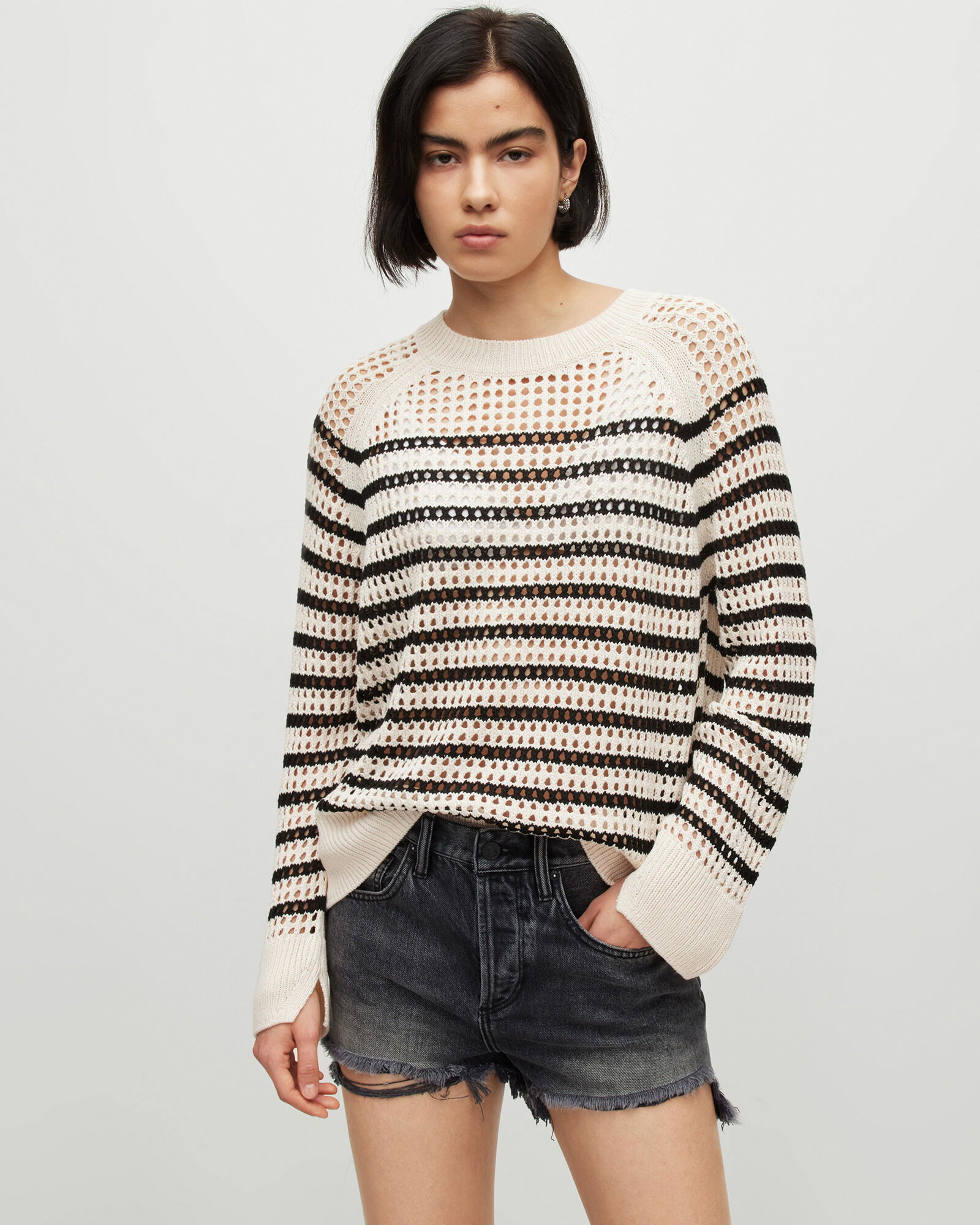 ALLSAINTS Paloma Crew Neck Stripe Mesh Jumper in PAMPAS WHITE/BLACK ...