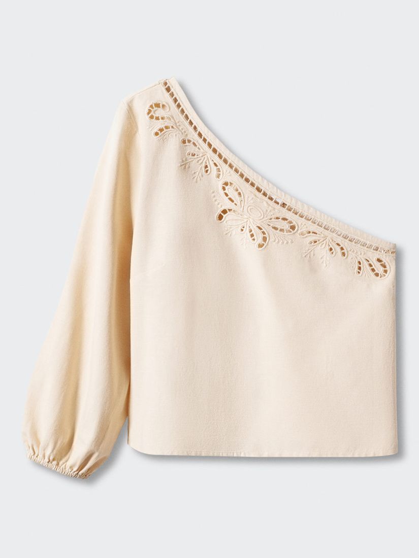 MANGO Ely One Shoulder Embroidered Linen Top in Light Beige | Endource