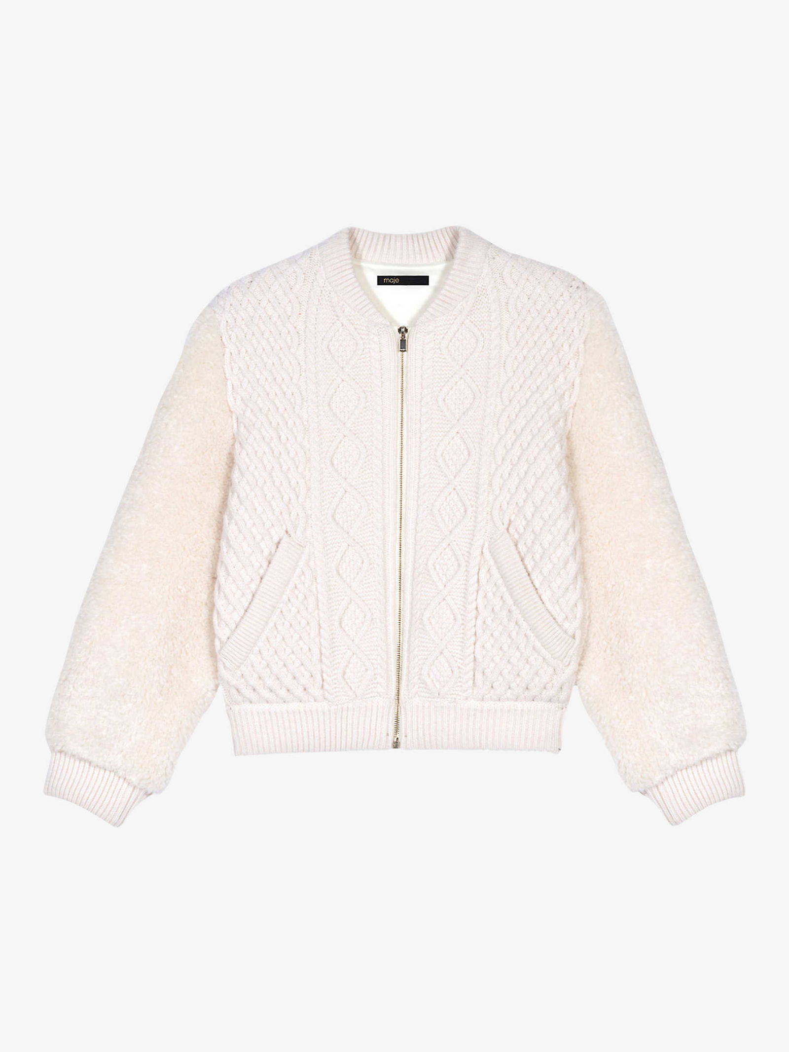 MAJE Bomba Mixed-Fabric Knitted Bomber Jacket in BLANC | Endource