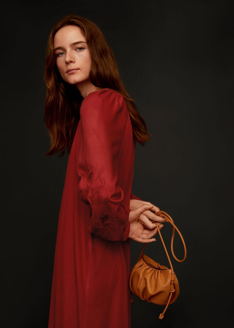 MANGO Embroidered Sleeves Dress in Russet | endource