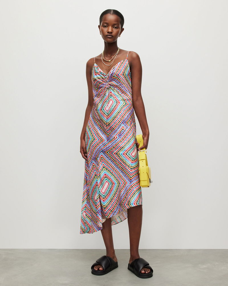 ALLSAINTS Alexia Luisa Silk Blend Midi Dress in Rainbow Blue | Endource