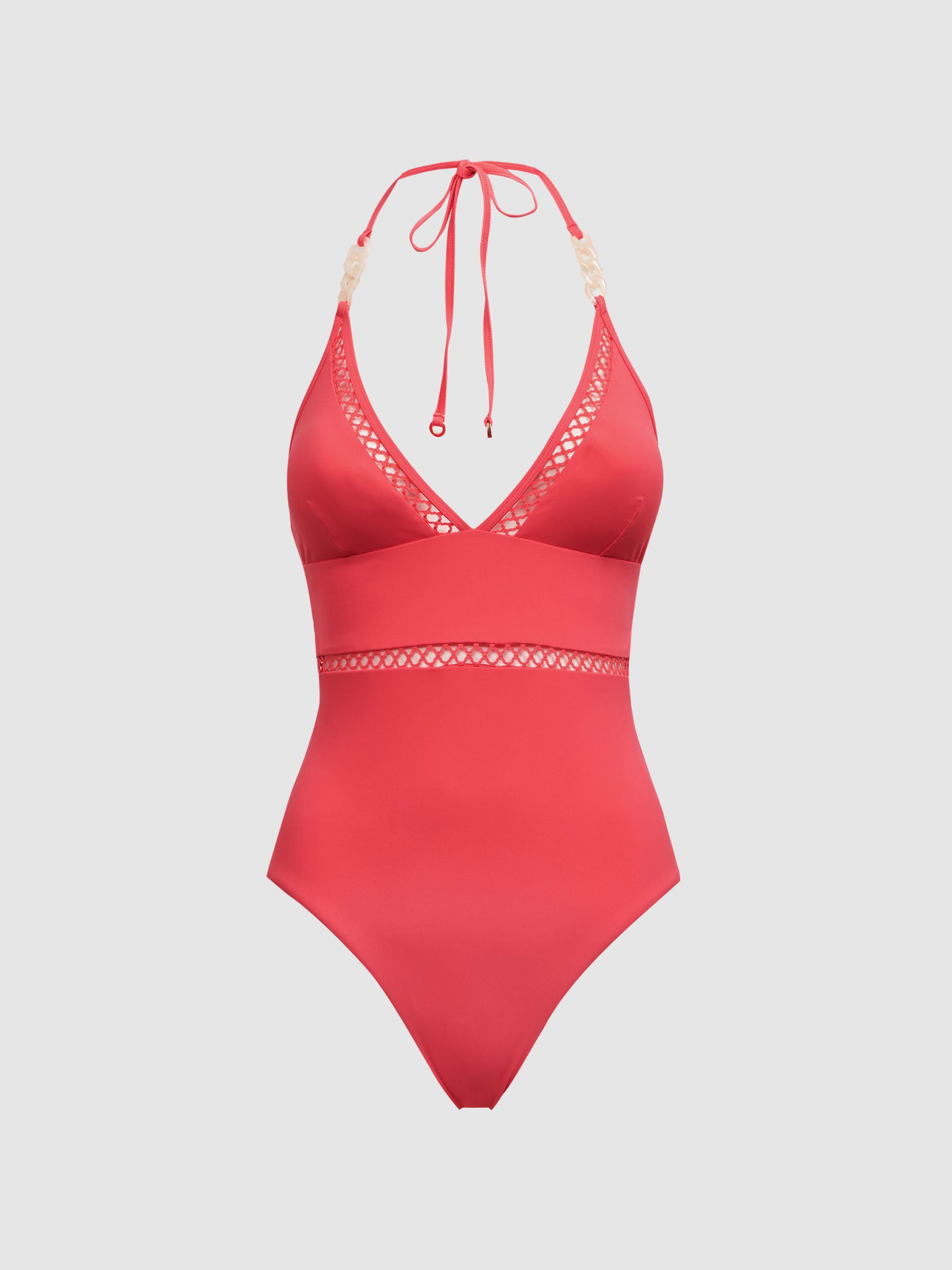REISS Ray Colourblock Halter Swimsuit in Coral | endource