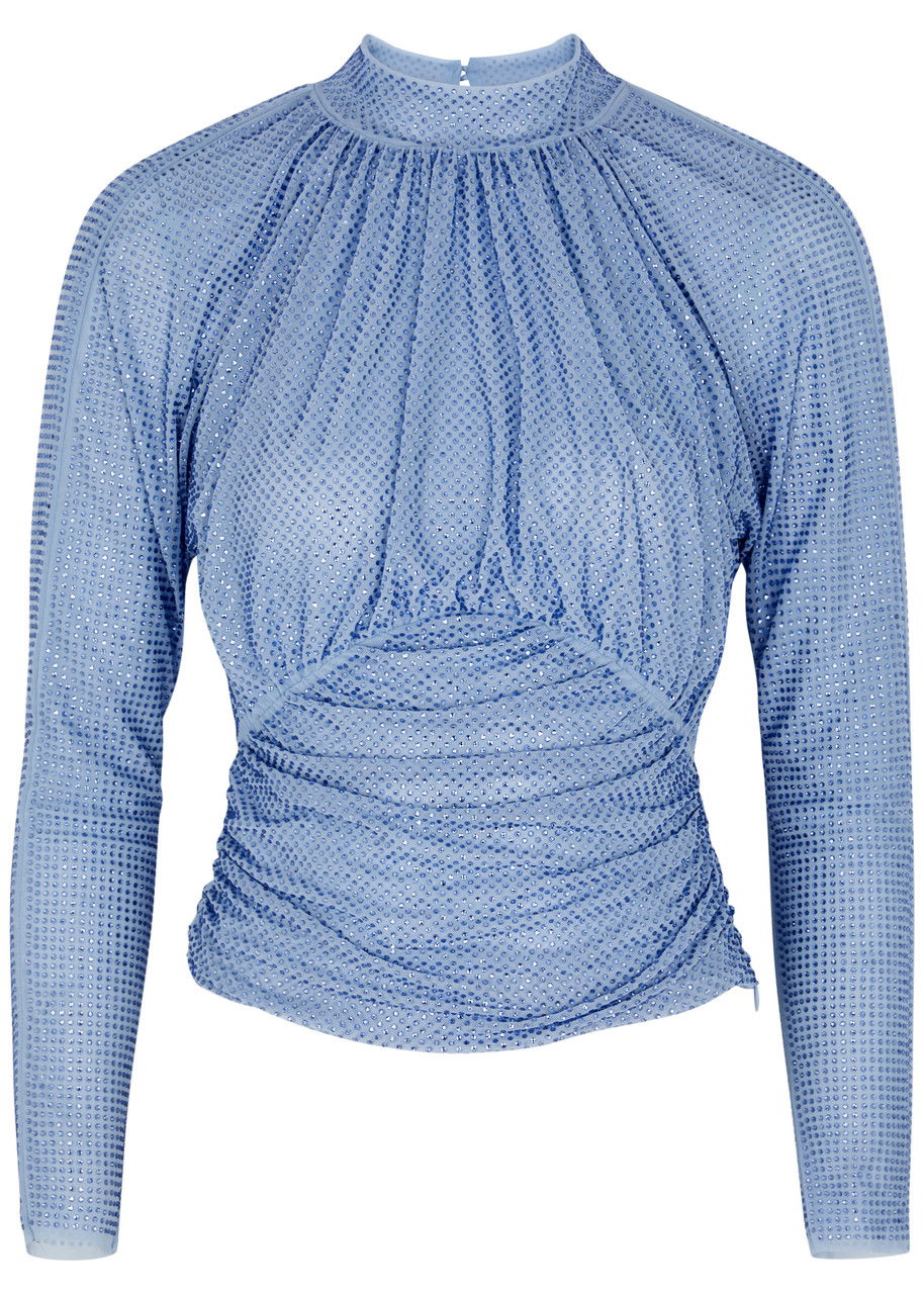 SELF-PORTRAIT Crystal-Embellished Ruched Mesh Top | Endource