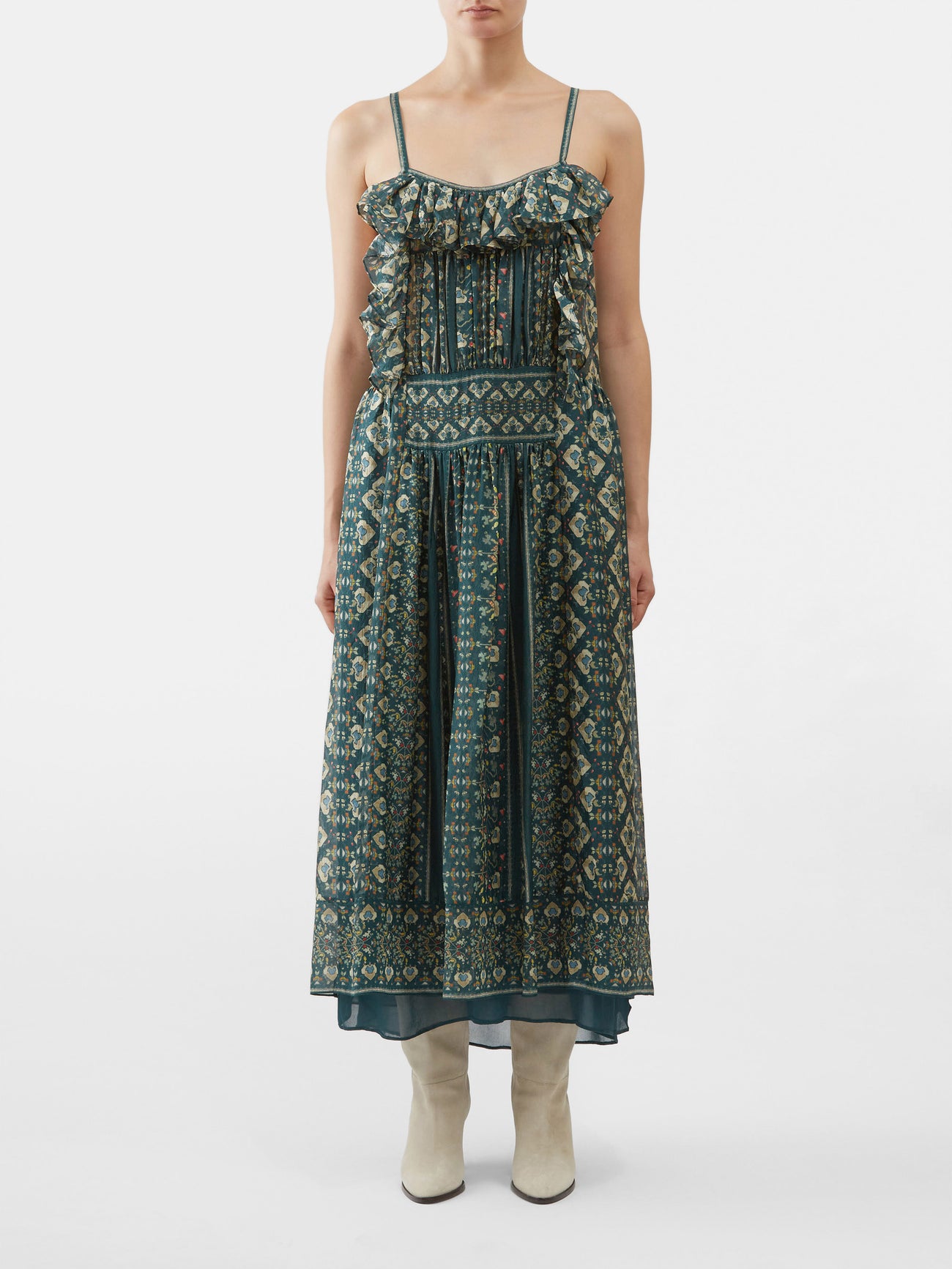 ISABEL MARANT Macha Geometric-Print Ruffled Midi Dress in Green | Endource
