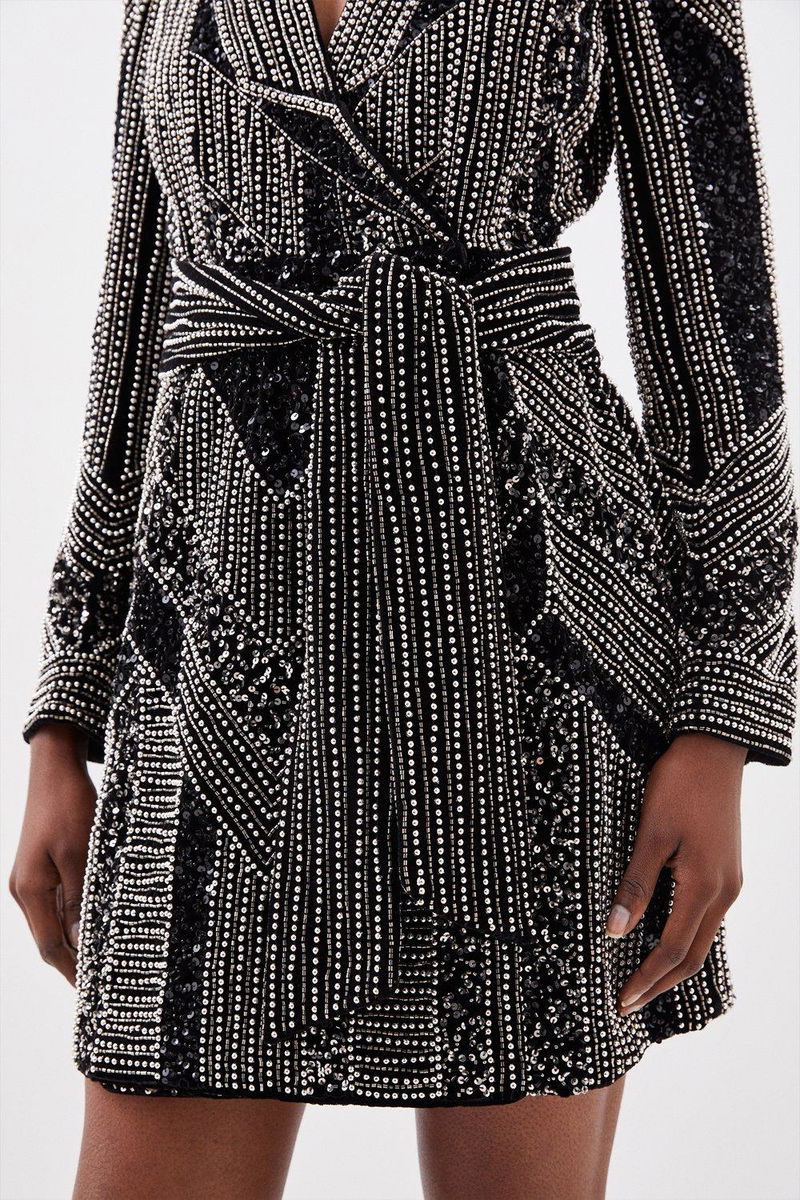 KAREN MILLEN Velvet Embellished Blazer Mini Dress in Black | Endource