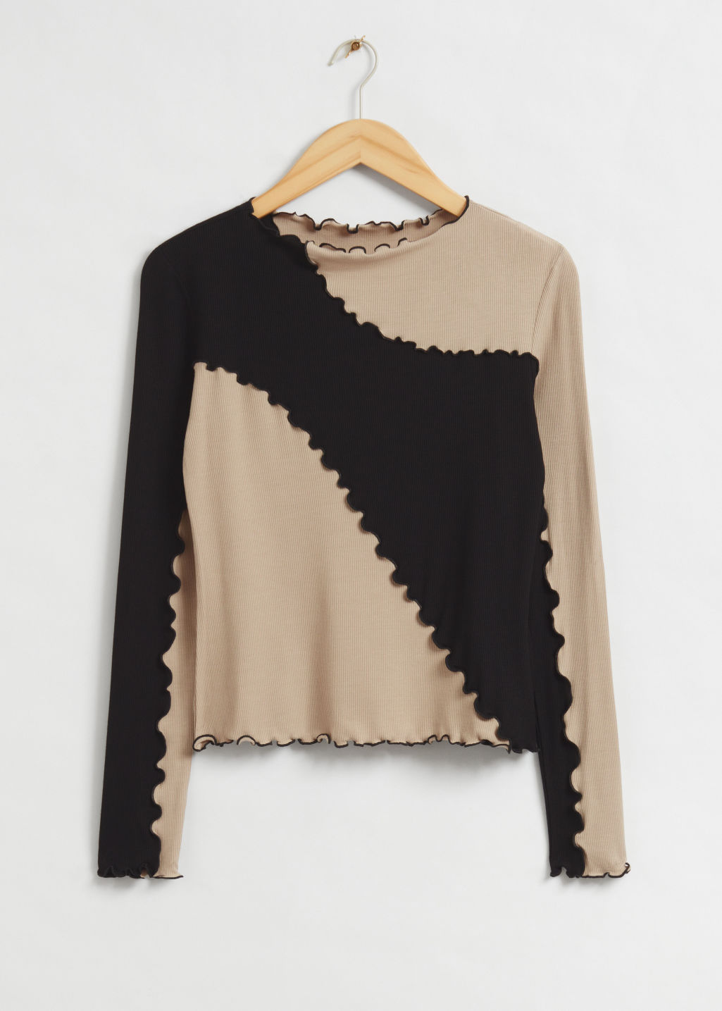 & OTHER STORIES Fitted Frilled Edge Top in Black and Cream Colour ...