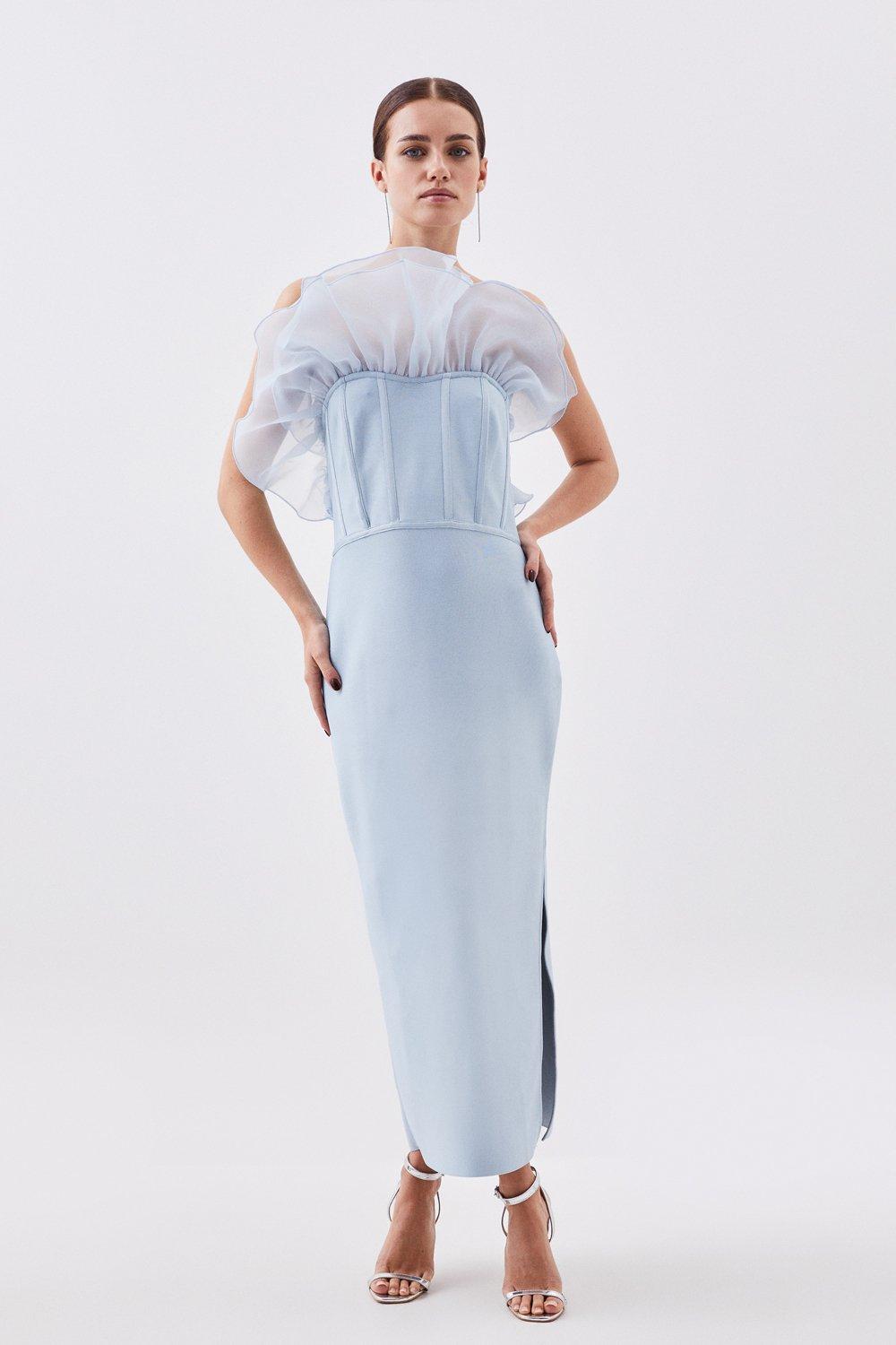 KAREN MILLEN Petite Bandage Figure Form Knit Organza Frill Midaxi Dress ...