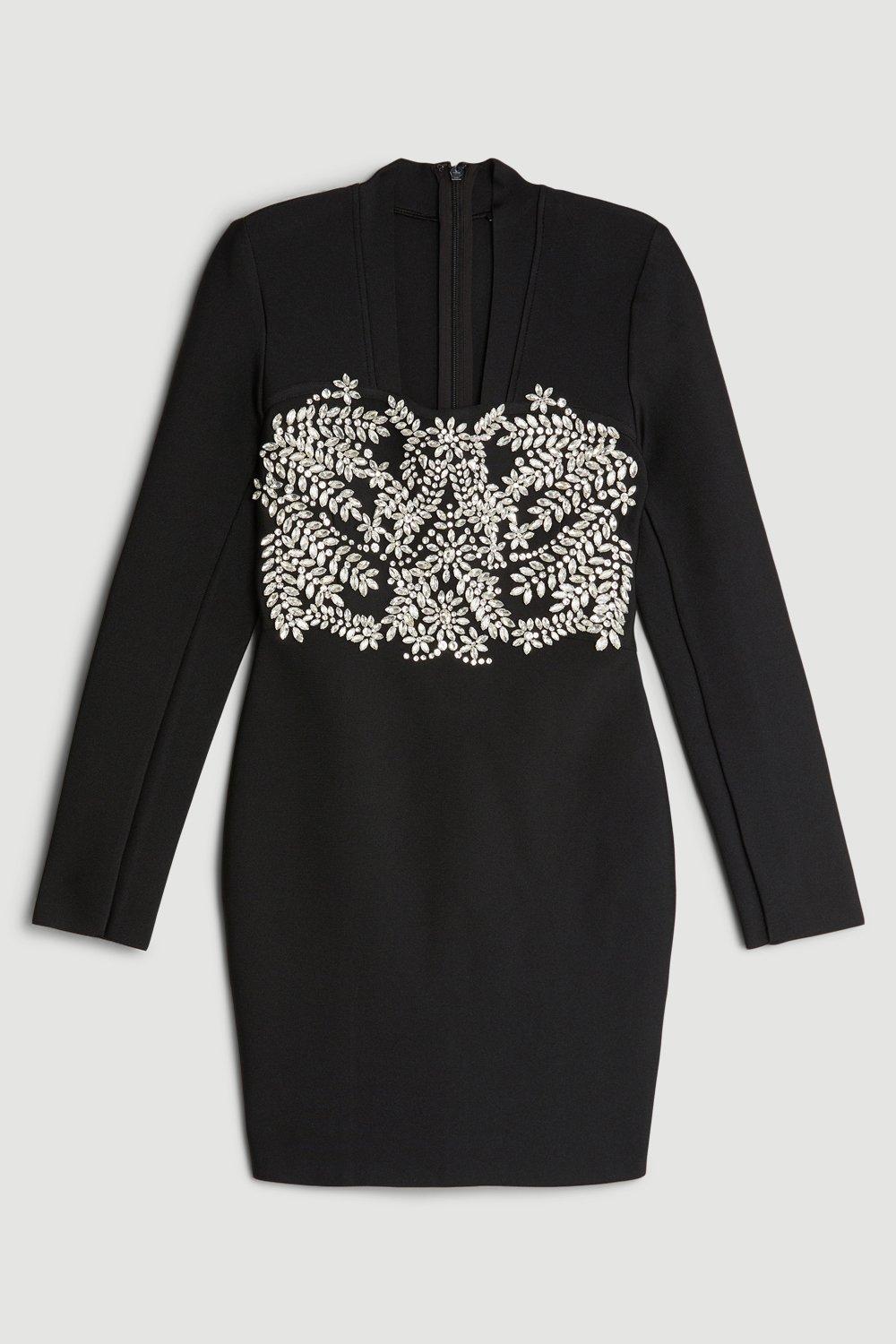 KAREN MILLEN Figure Form Bandage Embellished Knit Mini Dress in Black ...