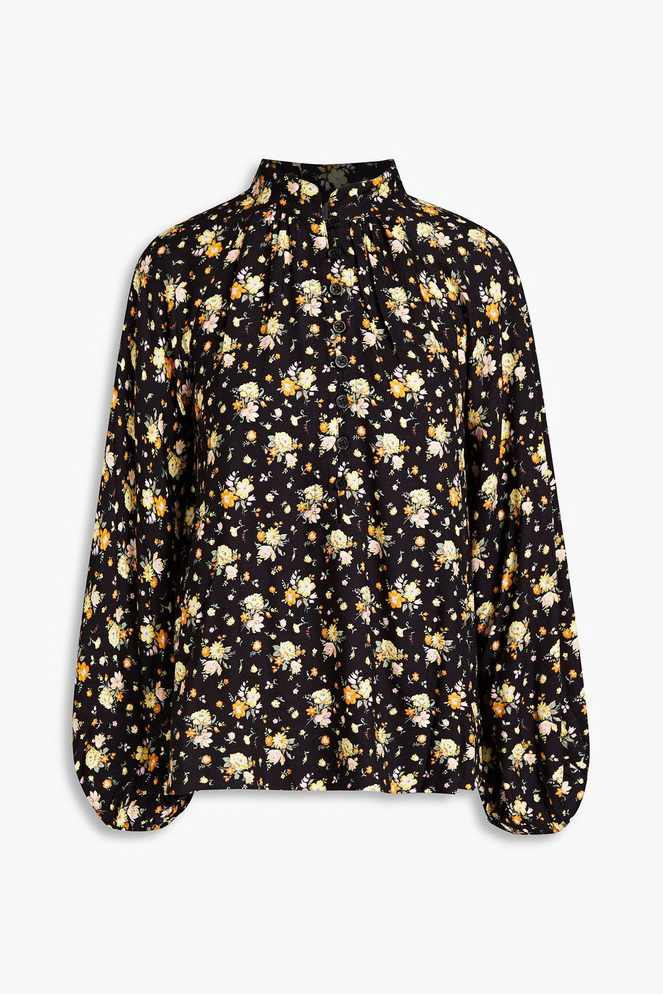 BYTIMO Gathered Floral-Print Twill Blouse in Black | Endource