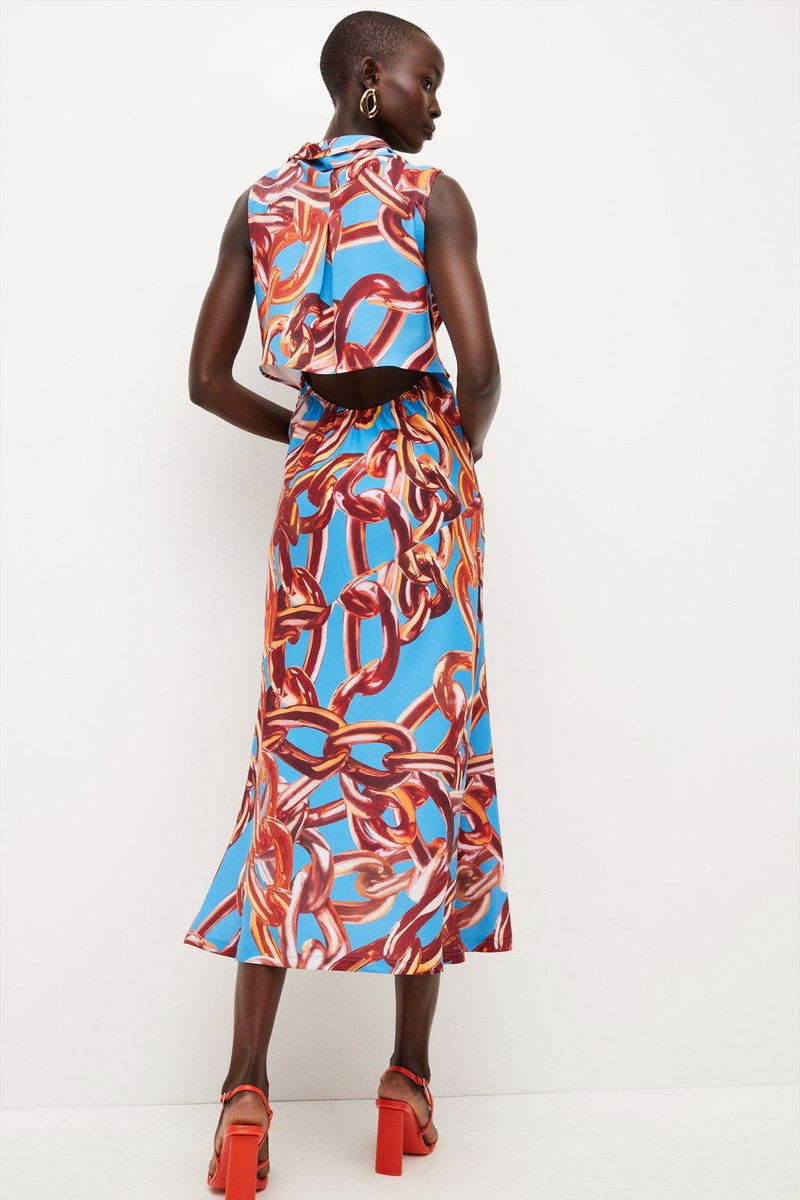 Karen Millen Chain Fluid Crepe Cowl Neck Woven Midi Dress Endource