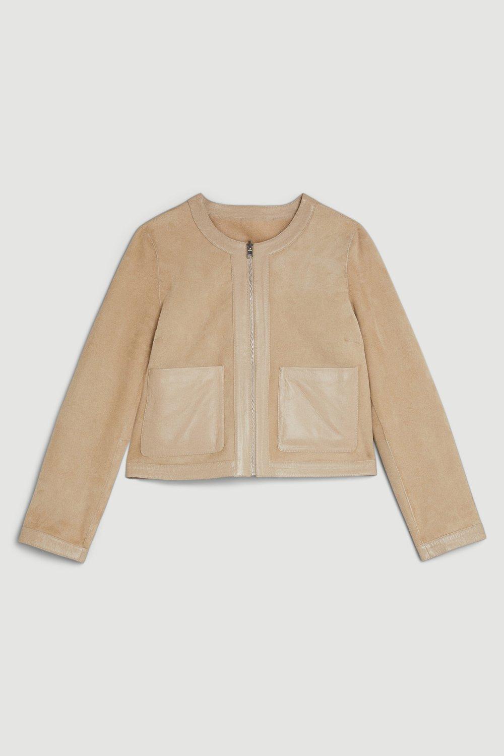 KAREN MILLEN Reversible Shearling Collarless Jacket in Cream | Endource