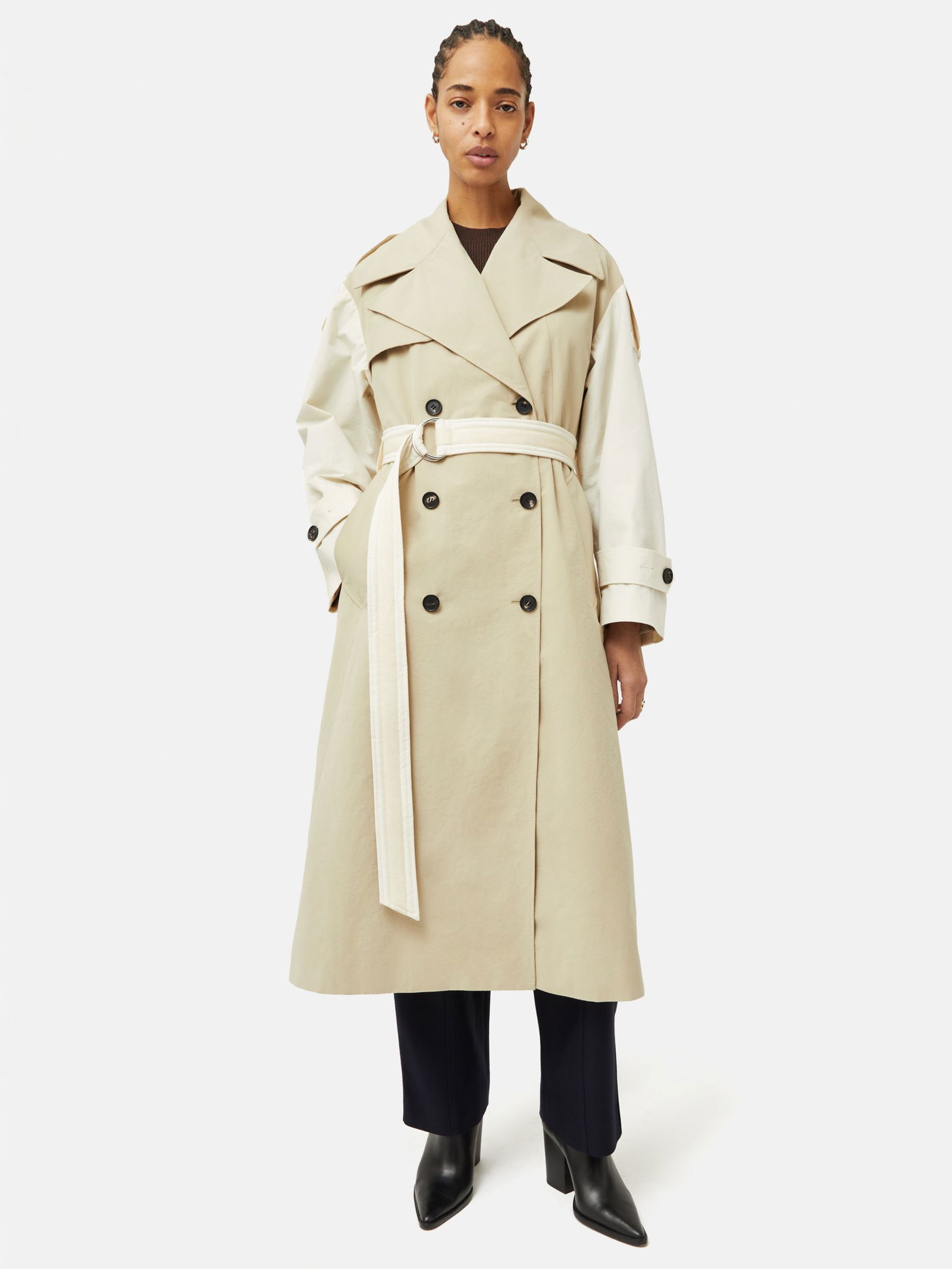 JIGSAW Double Breasted Panelled Trench Coat in Cream | endource