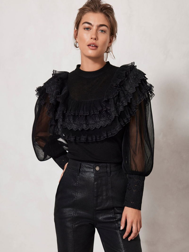 MINT VELVET Black Tulle Ruffle Top in Black | endource