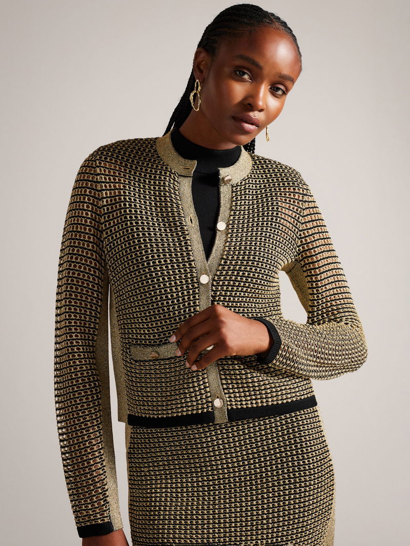 TED BAKER Sallyan Metallic Stitch Detail Cardigan in Black/Gold | Endource