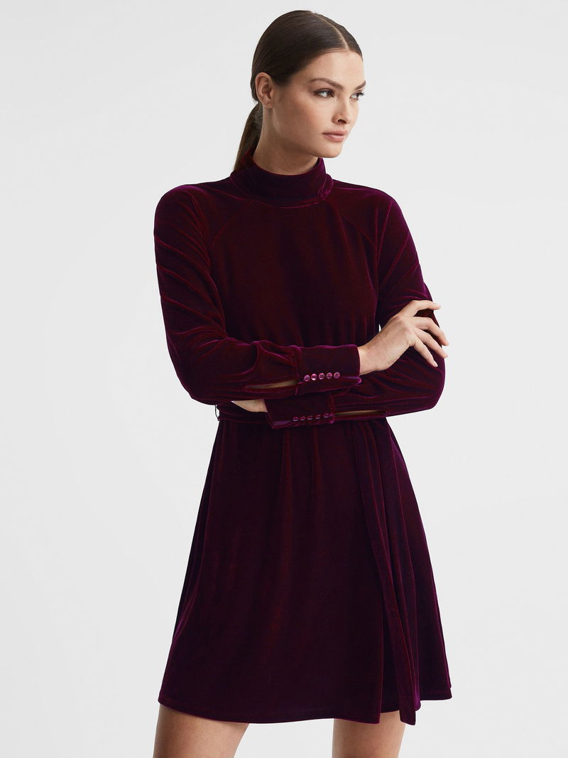 Reiss Essie Velvet Belted Mini Dress In Berry Endource