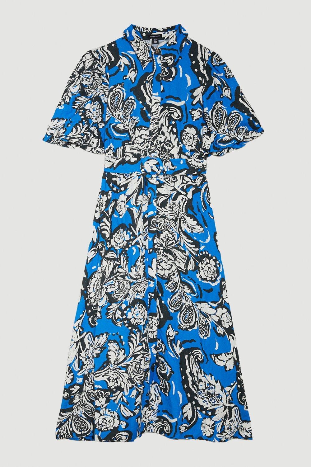 KAREN MILLEN Batik Viscose Linen Belted Midi Shirt Dress | endource