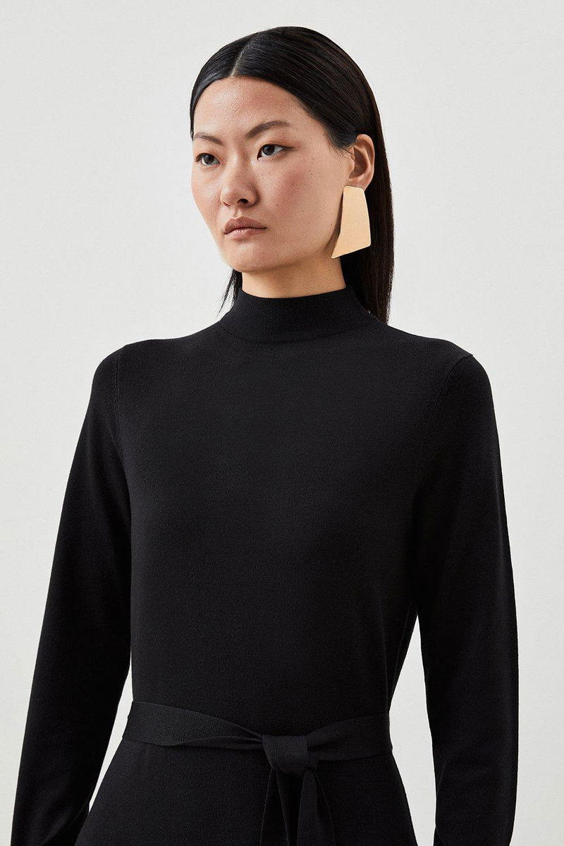 Karen Millen Viscose Blend Belted Knit Midaxi Dress In Black Endource