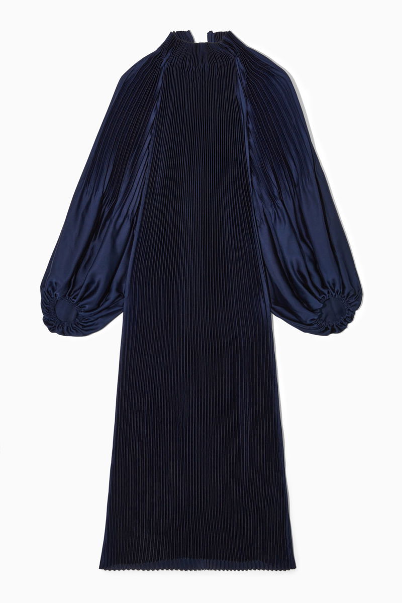 Cos Oversized Pleated High Neck Maxi Dress In Navy Endource