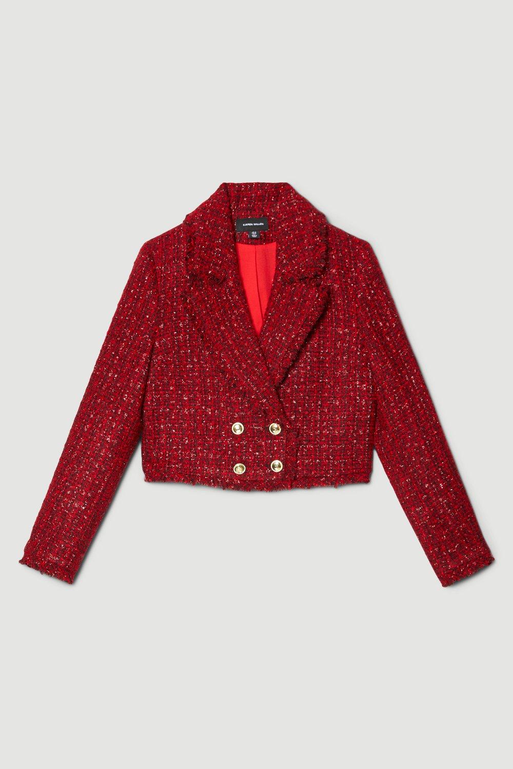 KAREN MILLEN Tweed Gold Button Cropped Frayed Edge Jacket in Red | endource