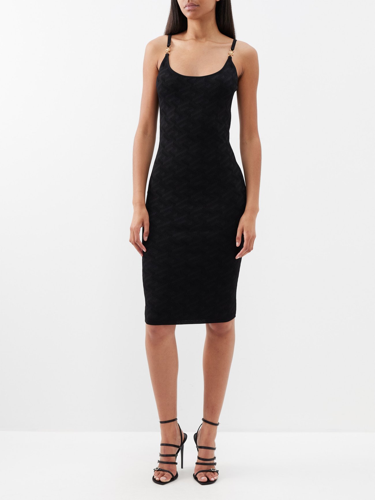 Versace Greca-Jacquard Knitted Midi Dress in Black | endource