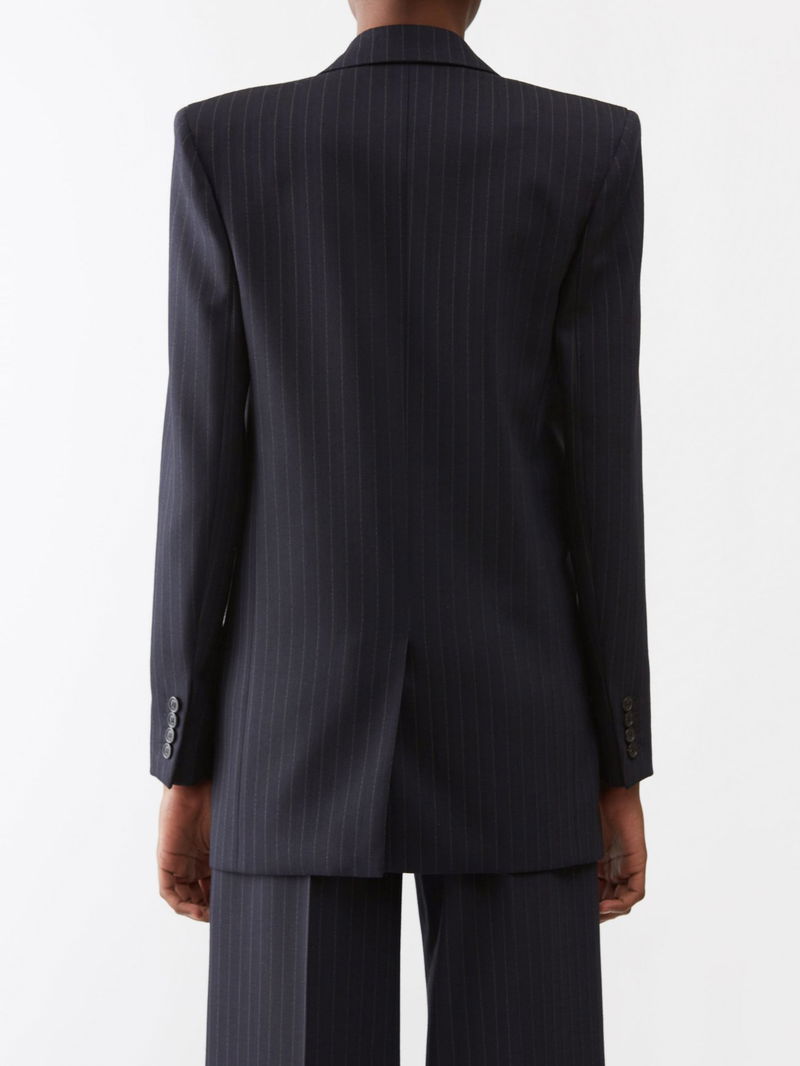 SAINT LAURENT Exaggerated-Shoulder Pinstriped Twill Suit Jacket in Navy ...