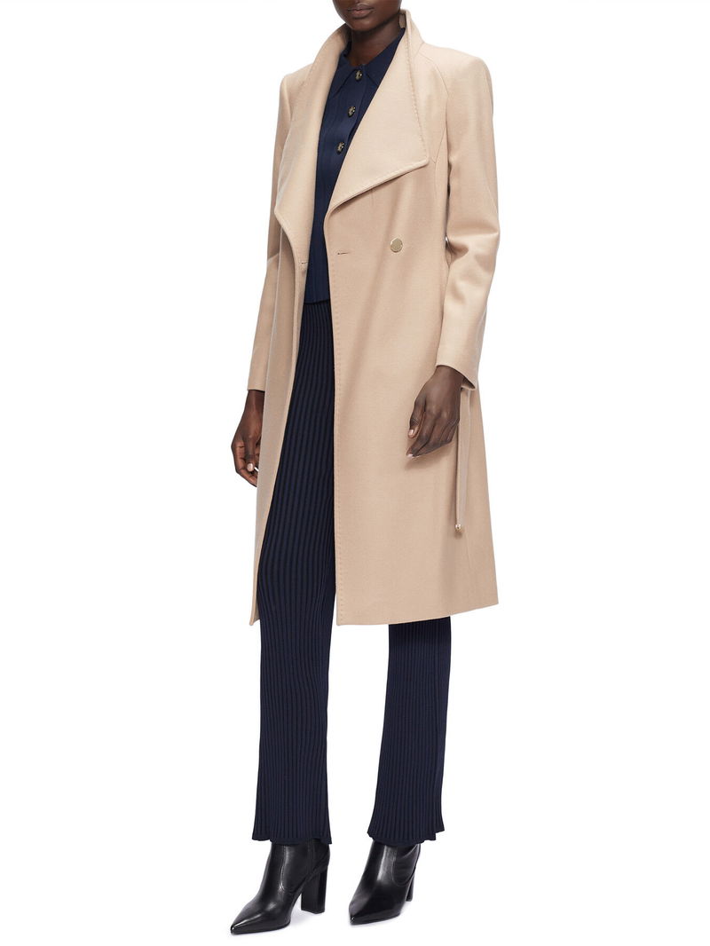 TED BAKER Rose Midi Wool Wrap Coat With Shoulder Panels in CAMEL | endource