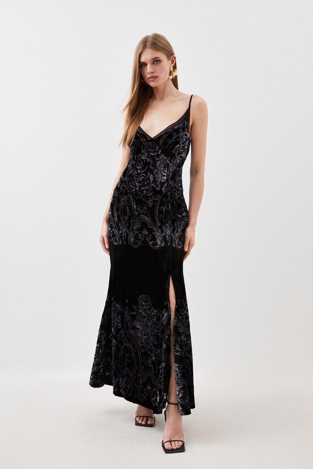 KAREN MILLEN Placed Velvet Devore Strappy Woven Maxi Dress in Black ...