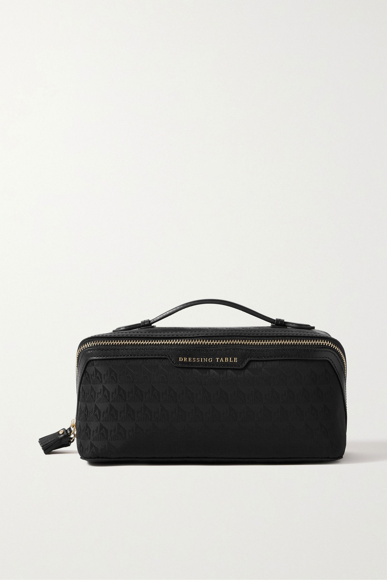ANYA HINDMARCH Dressing Table Leather-Trimmed Logo-Jacquard Nylon Cosmetics Case in Black | endource
