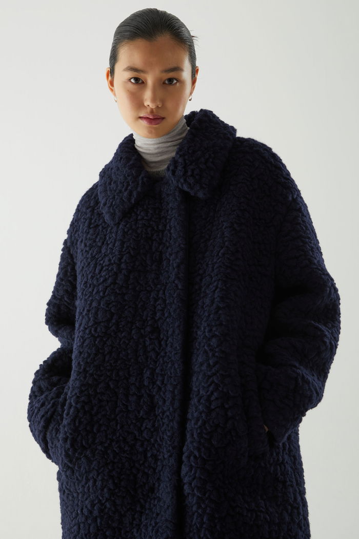 COS Wool Teddy Fleece Coat in navy | endource