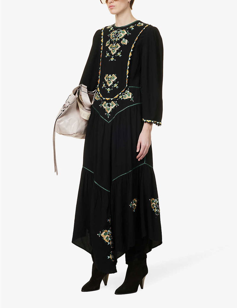 ISABEL MARANT Sonia Embroidered Woven Midi Dress in BLACK | endource