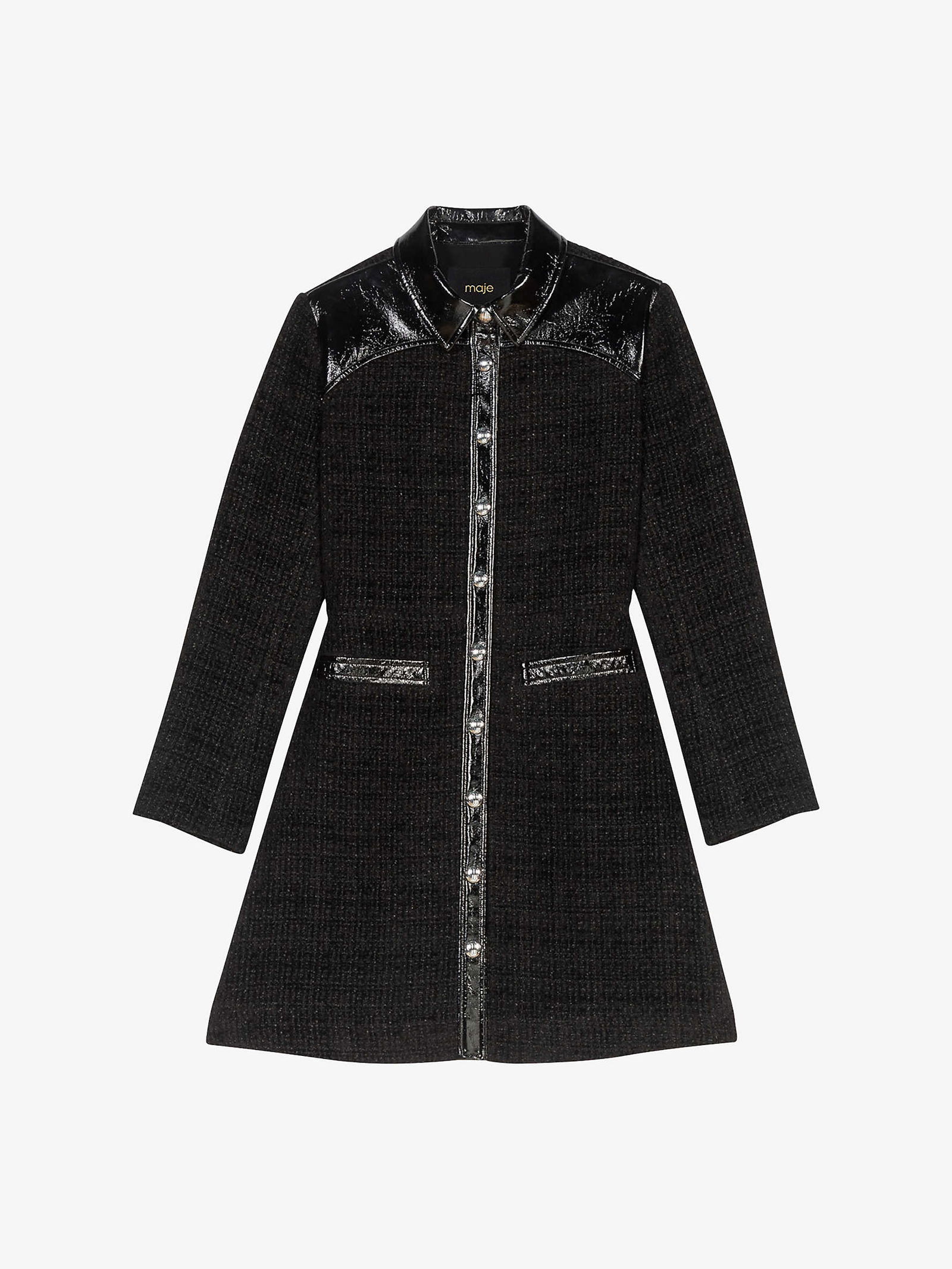 MAJE Resun Vinyl-Panel Tweed Mini Dress in Noir / Gris | endource