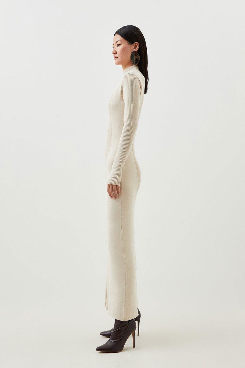 Karen Millen Viscose Blend Long Neck Knit Maxi Dress In Natural Endource