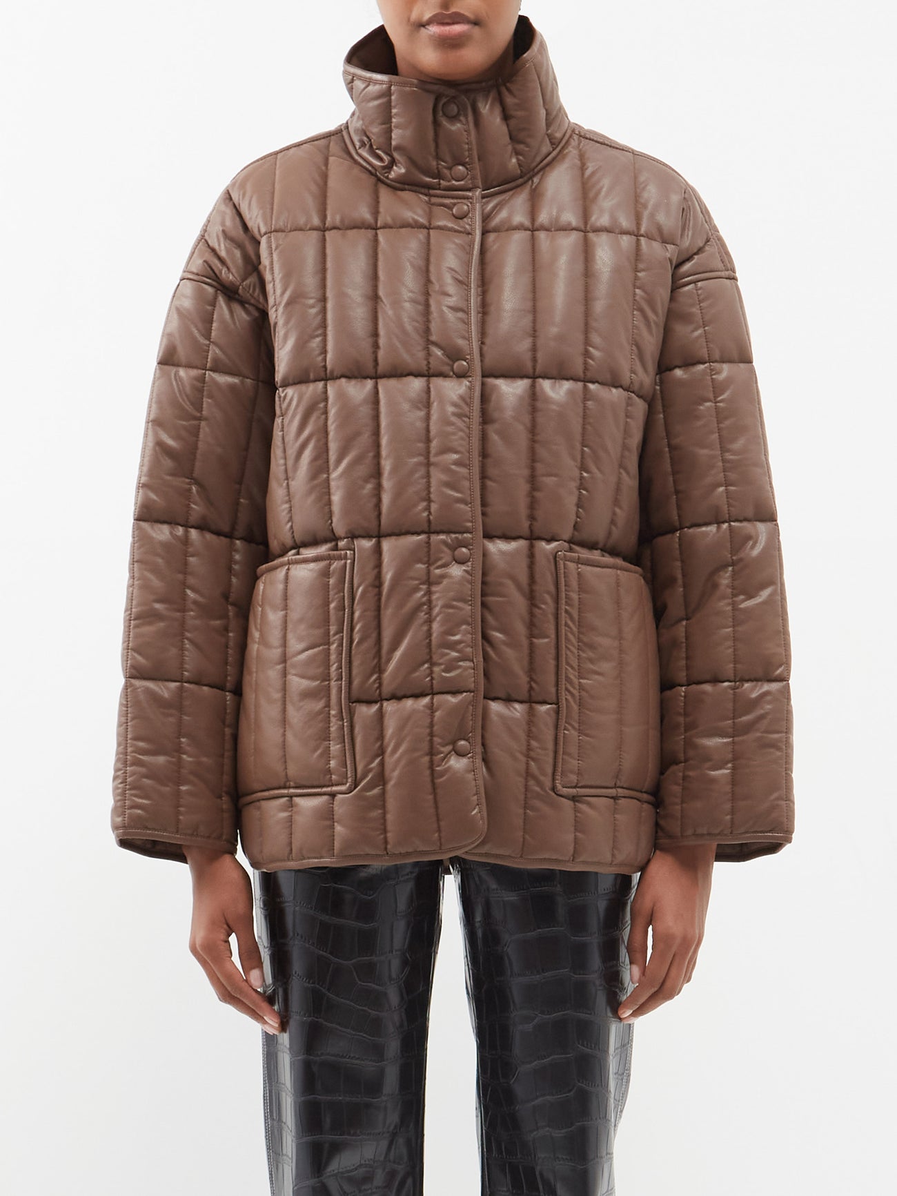 STAND STUDIO Evelina Quilted Faux-Leather Jacket in Brown | endource
