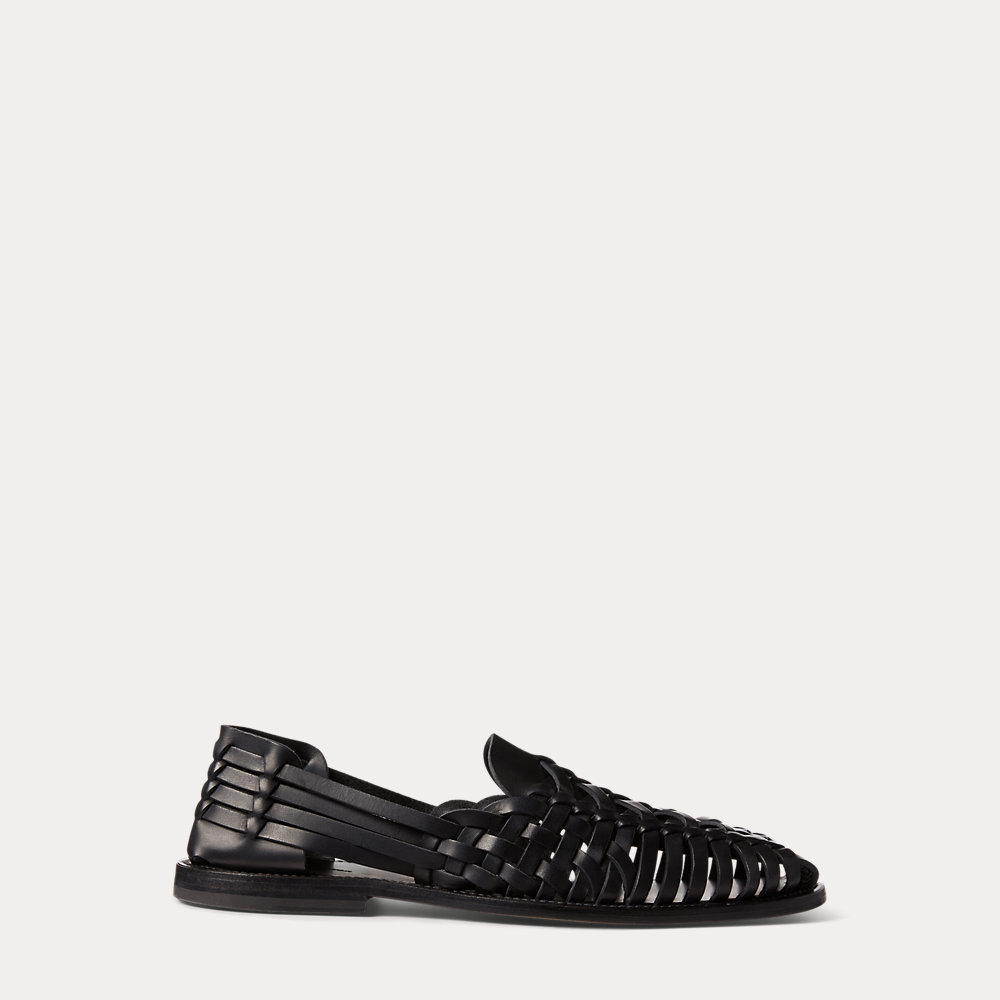 RALPH LAUREN PURPLE LABEL Handwoven Leather Sandal in Black | endource