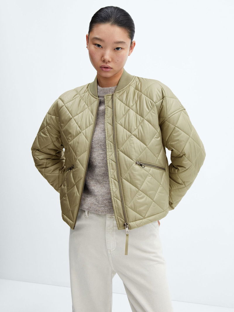 MANGO Quilted Bomber Jacket in Khaki | Endource