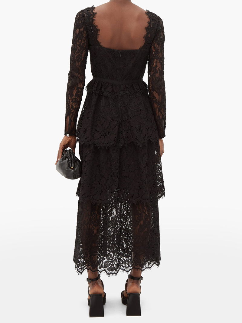 SELF-PORTRAIT Crystal-Button Lace Midi Dress in Black | Endource