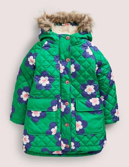 BODEN Green Floral Longline Quilted Jacket in Green Daisy Geo | endource