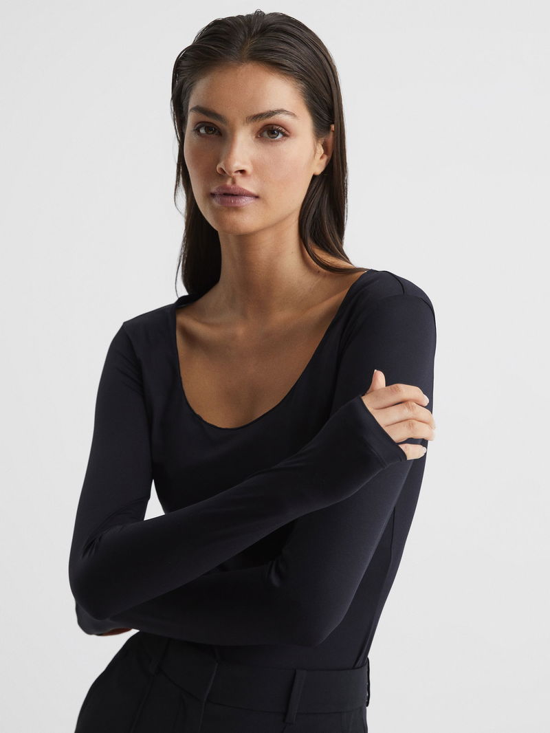 REISS Cassidy Long Sleeve Scoop Neck Body in Black | endource