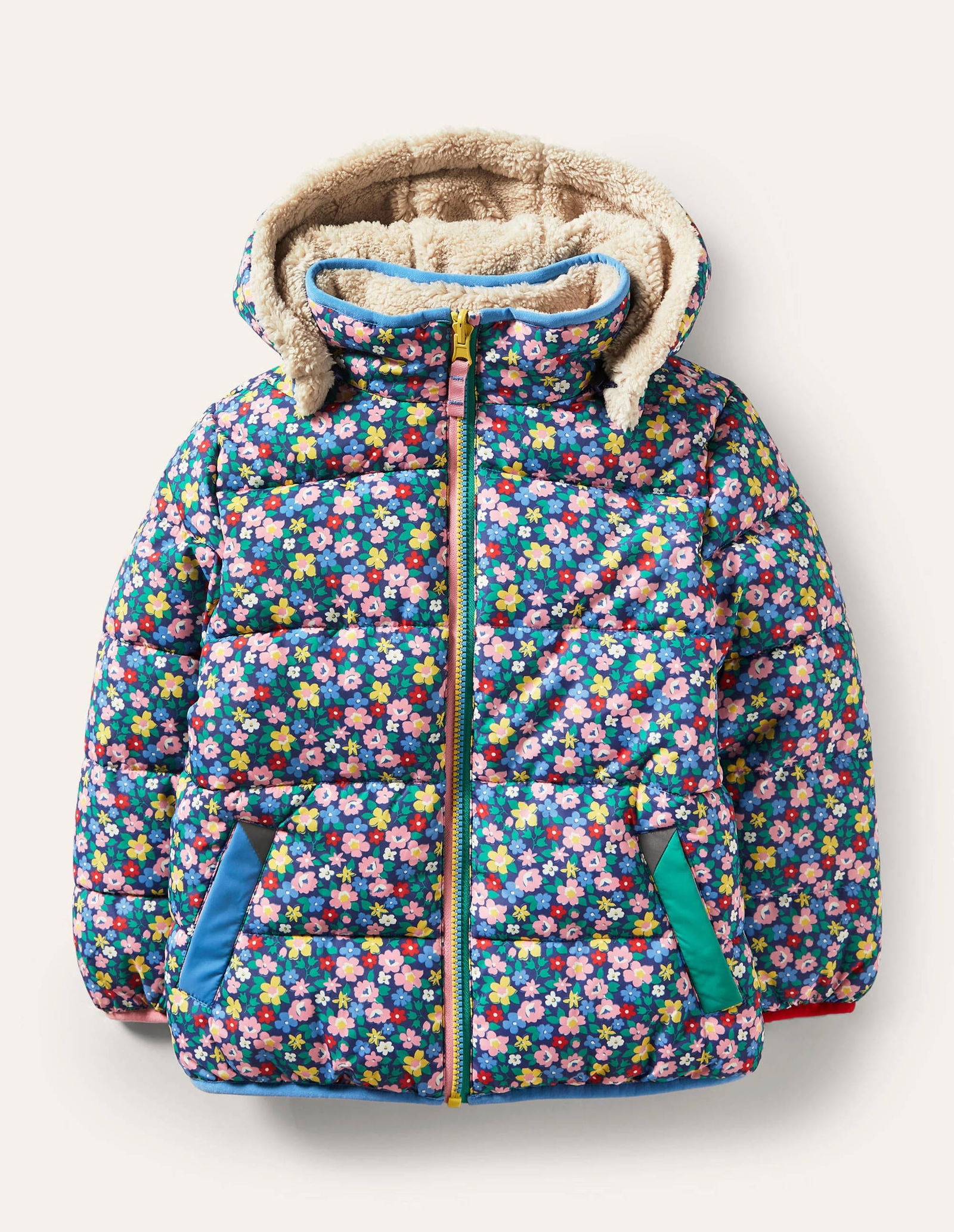 BODEN Reversible Printed Puffer in Starboard Blue Spring Floral | endource