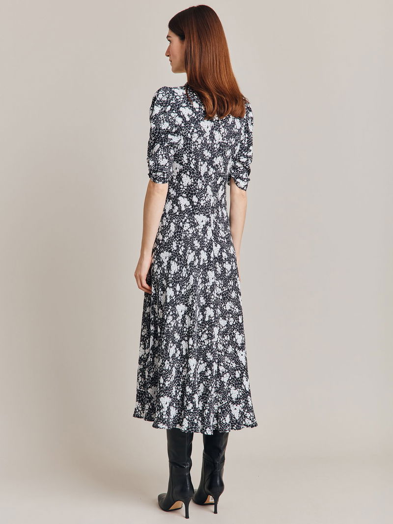 GHOST Madi Floral Print Midi Dress in Black/White | endource